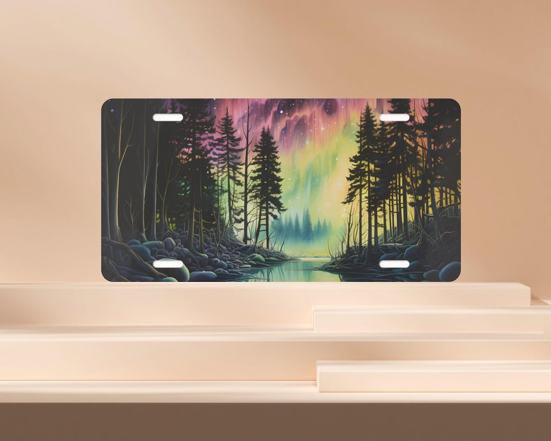 Northern Lights Aurora Borealis License Plate, Scenic Pine Trees Front ...
