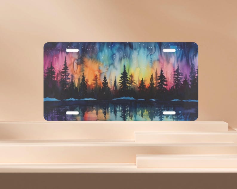 Northern Lights Aurora Borealis License Plate, Scenic Pine Trees Nature ...