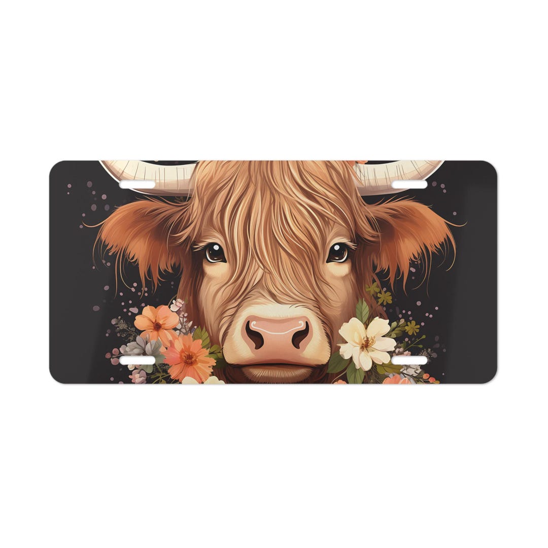 Floral Highland Cow Front License Plate, Cow Car Tag - Etsy