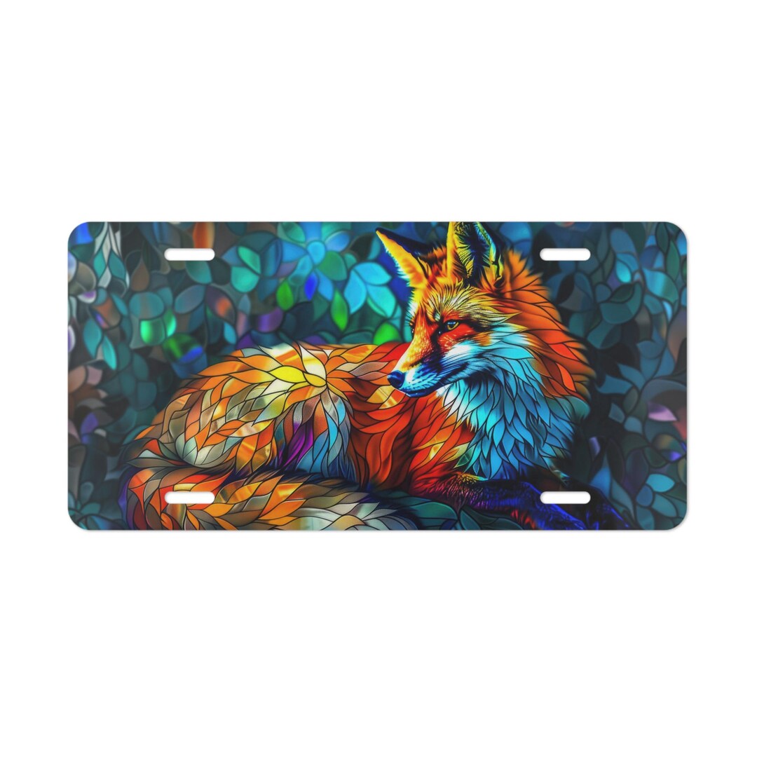 Stained Glass Fox Front License Plate, Colorful Forest Wildlife Art Car ...