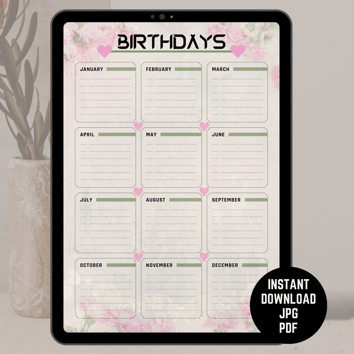 Birthday Tracker Printable, Editable PDF, Birthday Reminder - Etsy
