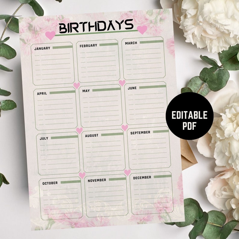 Birthday Tracker Printable, Editable PDF Birthday Planner, Birthday ...