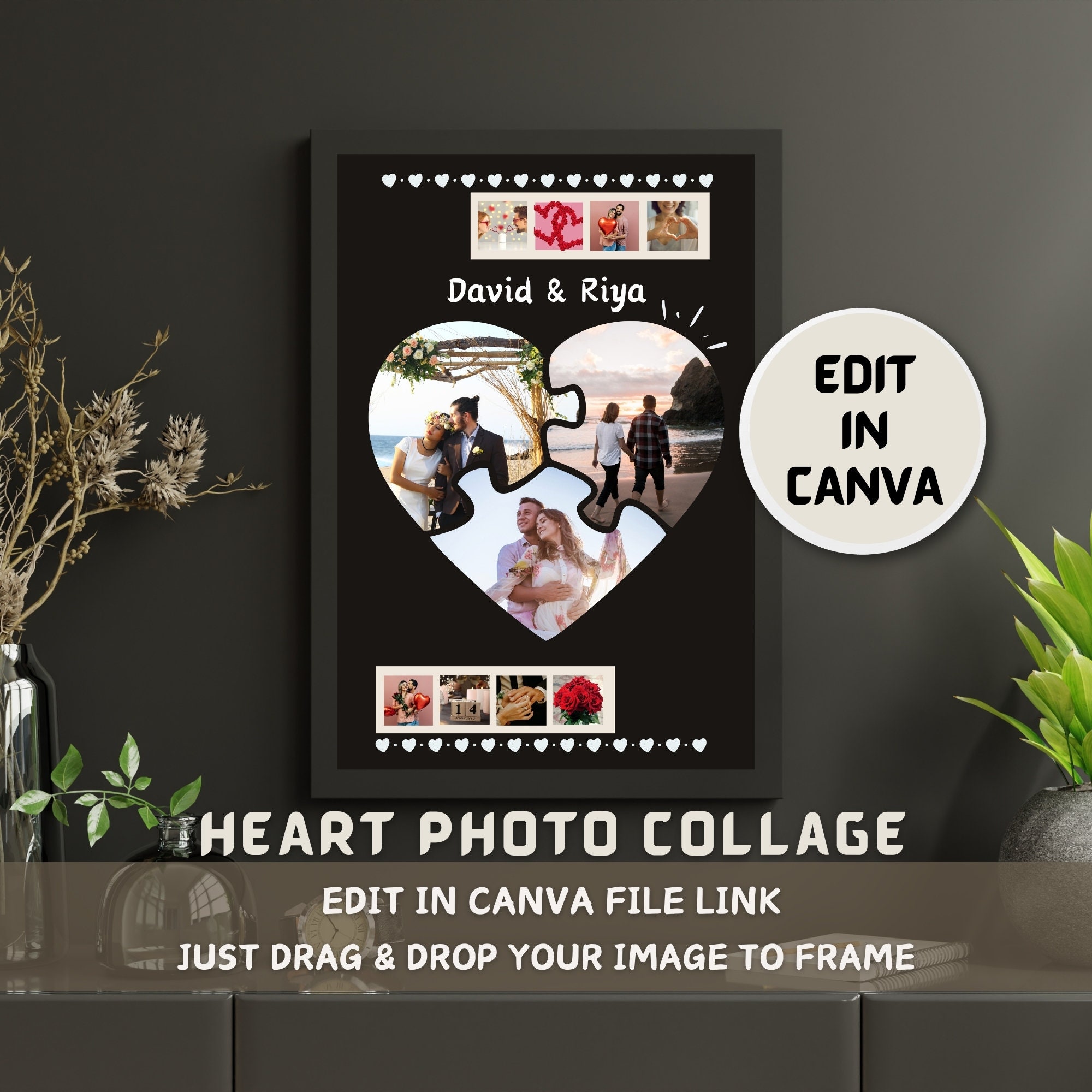Heart Photo Collage Frame Grid Template, Instantly Editable Valentine ...