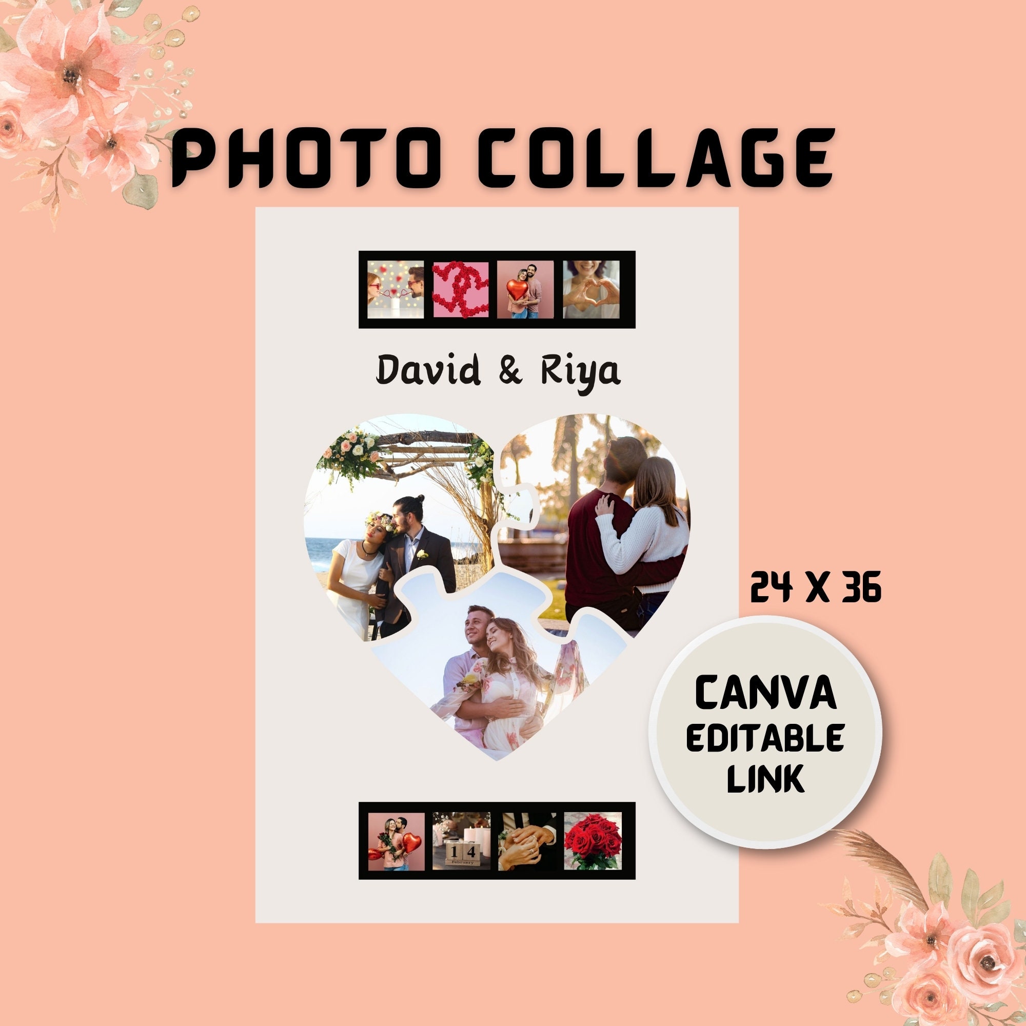 Heart Photo Collage Frame Grid Template, Instantly Editable Valentine ...