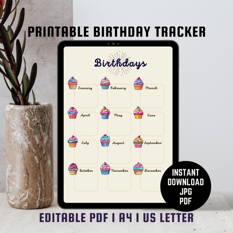 Cupcake Birthday Tracker Printable, Editable PDF, Reminder Planner ...