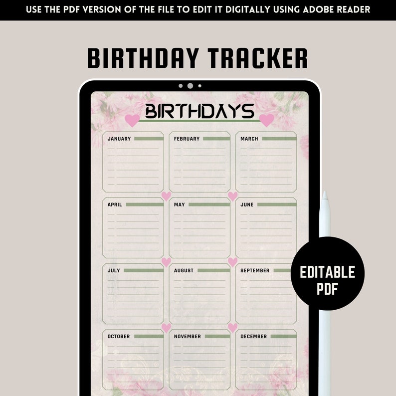 Birthday Tracker Printable, Editable PDF Birthday Planner, Birthday ...