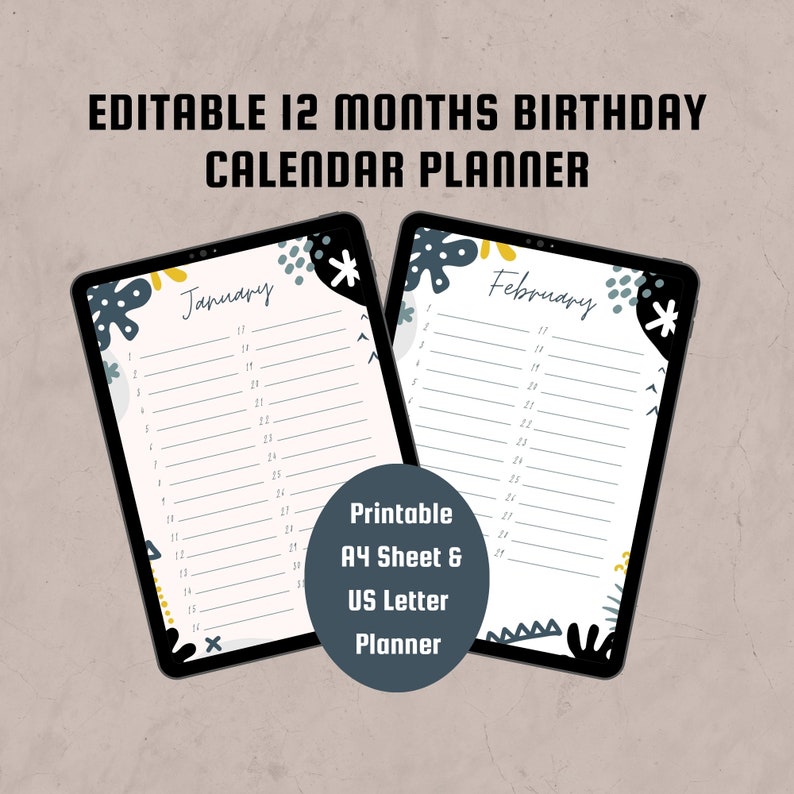 Birthday Calendar Planner, Editable Birthday Planner Printable ...