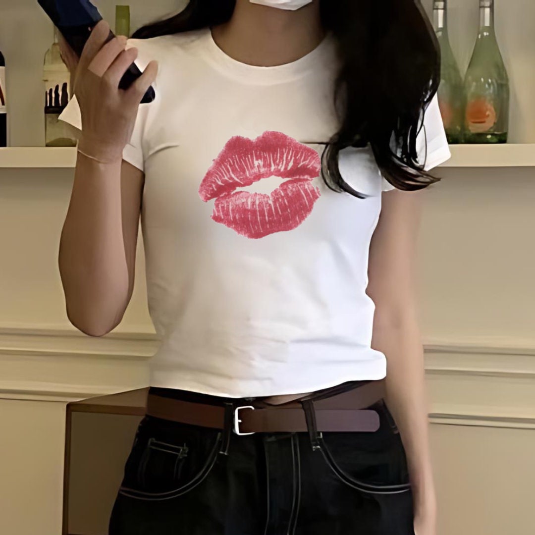 Lipstick Stain Kiss Baby Tee Y2k Aesthetic Vintage Graphic Tee Coquette ...