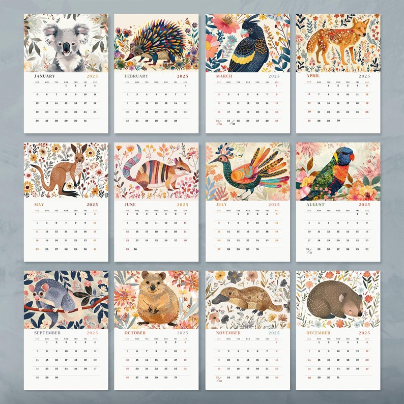 2025 Kalender Monatlich druckbare, australische Tier wunderliche Kunst ...