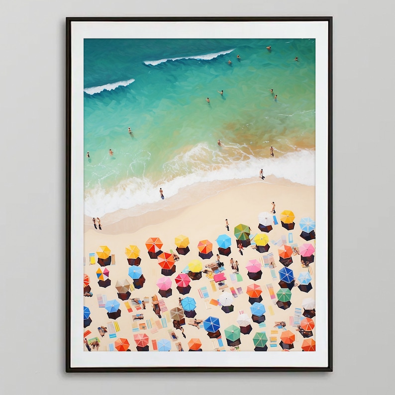 Beach Coastal Digital Art Print, Sunkissed Sands Vibrant Umbrellas ...