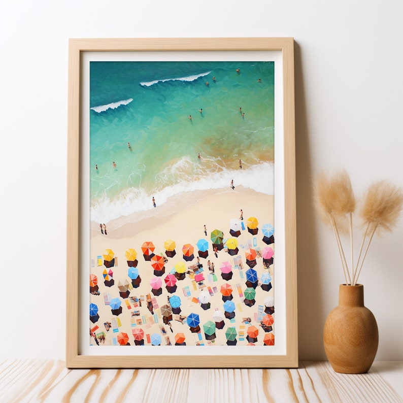 Beach Coastal Digital Art Print, Sunkissed Sands Vibrant Umbrellas ...