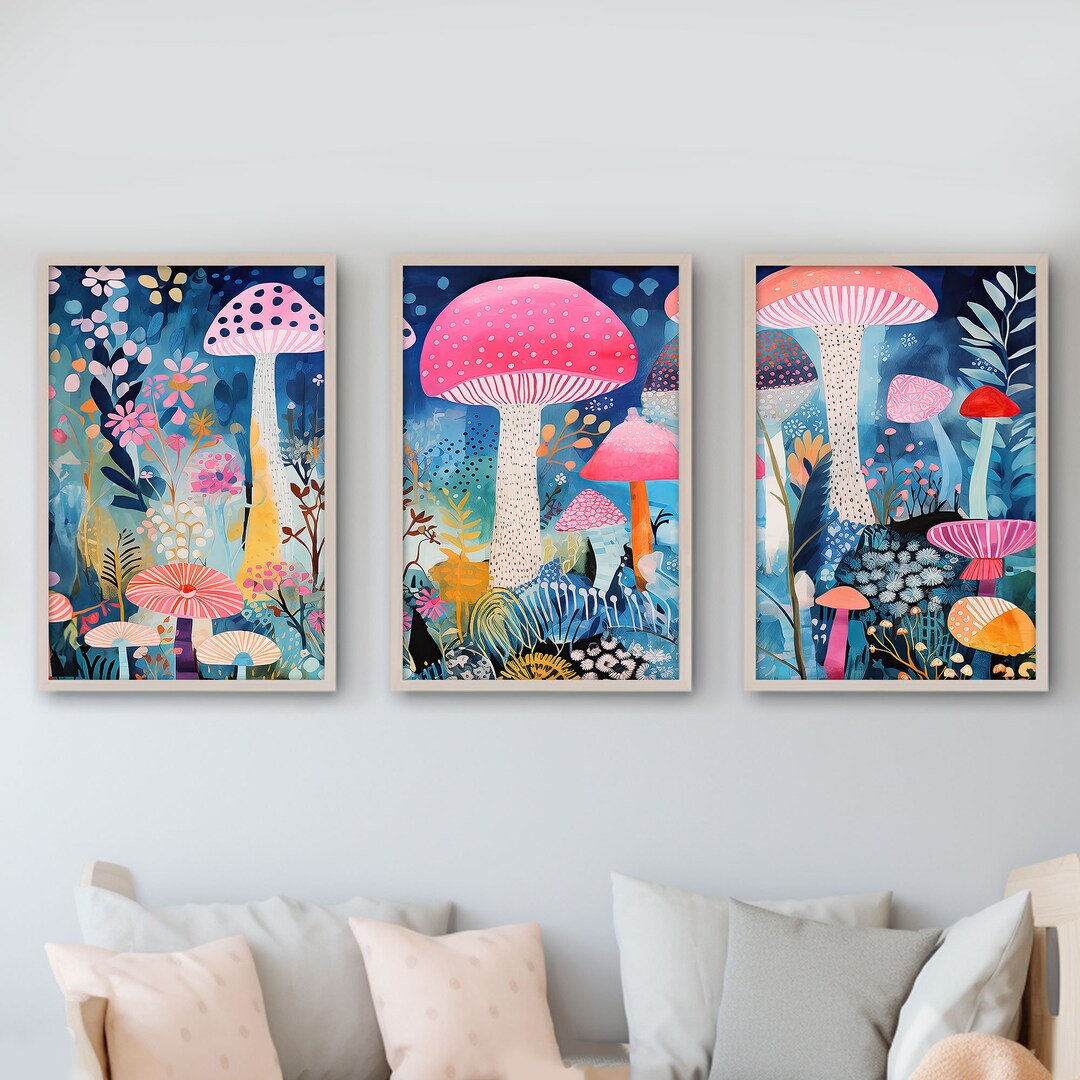 Pink Mushrooms Wonderland Paintings, DIGITAL DOWNLOAD, Set of 3 Prints ...