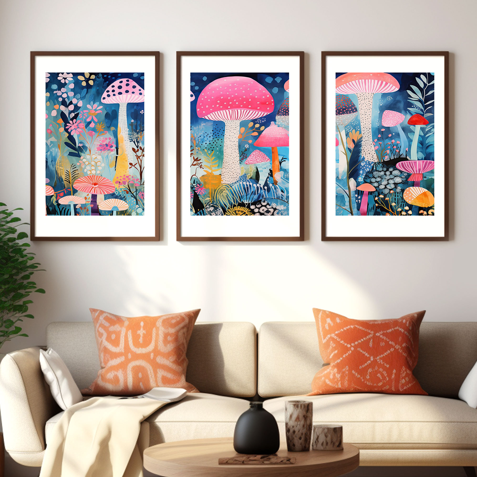 Pink Mushrooms Wonderland Paintings, DIGITAL DOWNLOAD, Set of 3 Prints ...