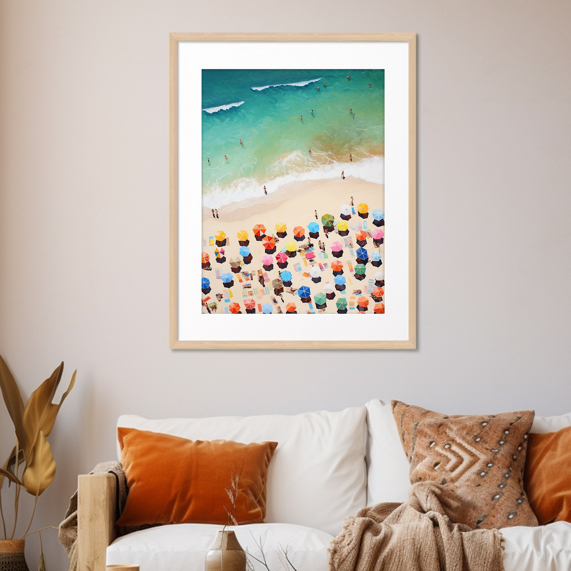 Beach Coastal Digital Art Print, Sunkissed Sands Vibrant Umbrellas ...