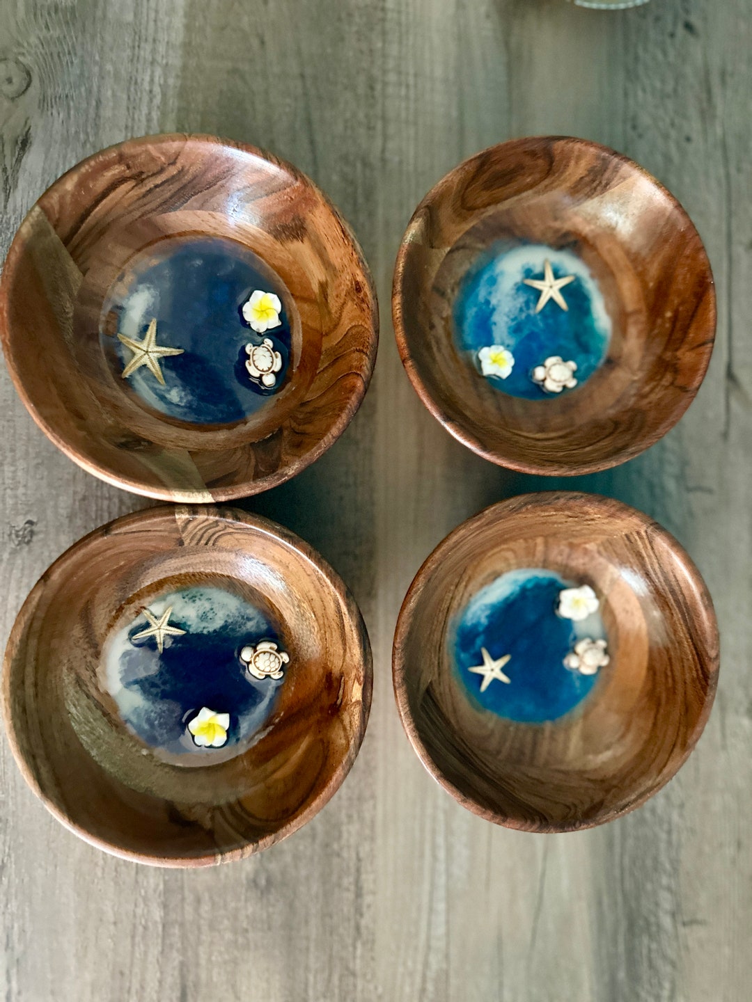 Set of 4 Ocean Resin Hawaiian Style Bowls With Hibiscus & Turtles - Etsy