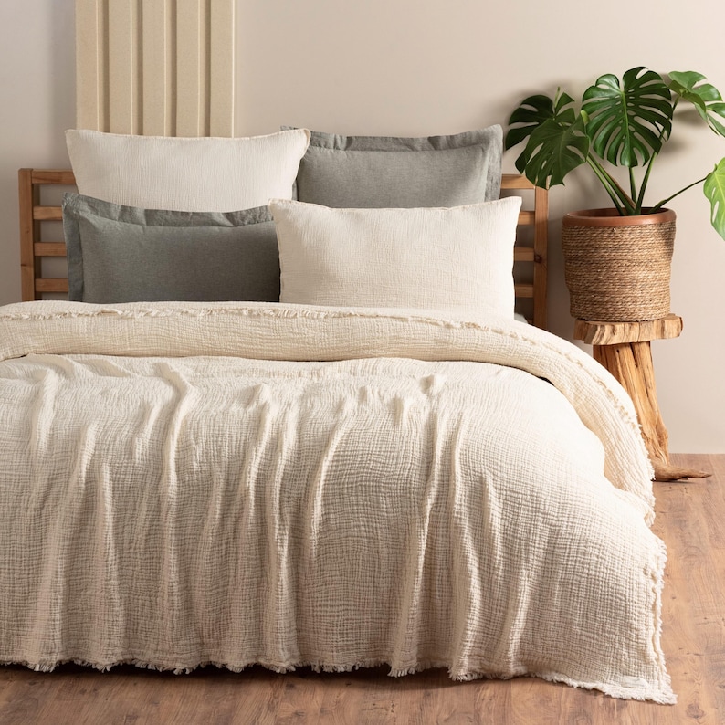 Turkish Cotton Muslin Throw Blanket: Natural Undyed Two-tone Bedspread ...