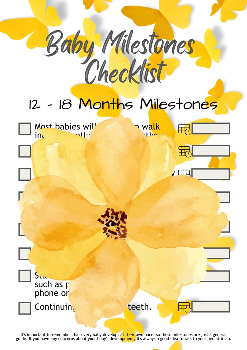 Baby Milestones and Development Checklist - Yellow | Digital Download ...