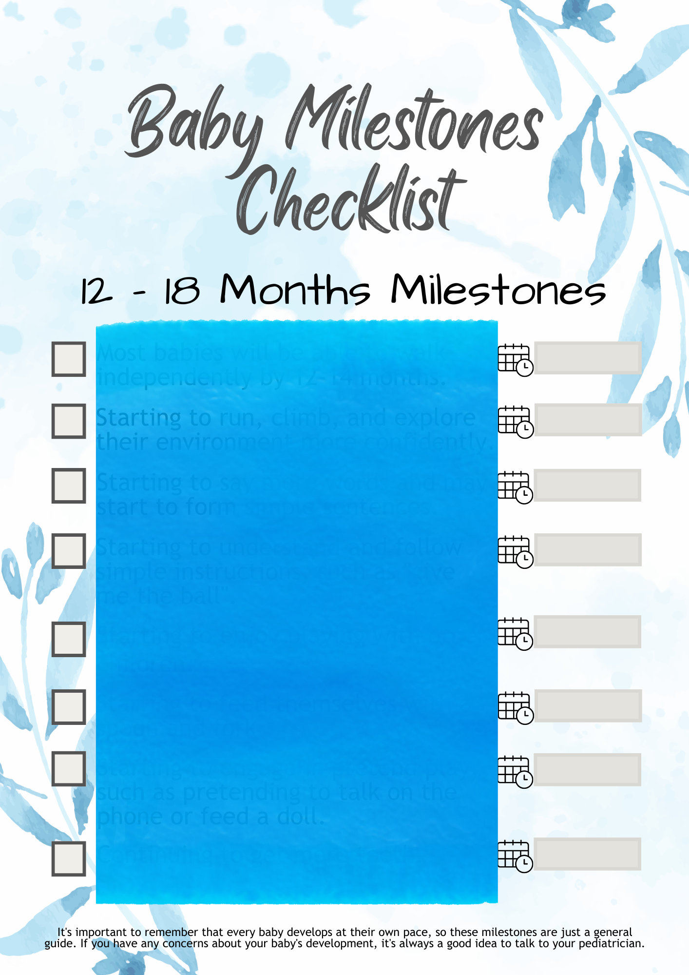Baby Milestones and Development Checklist - Blue | Digital Download ...