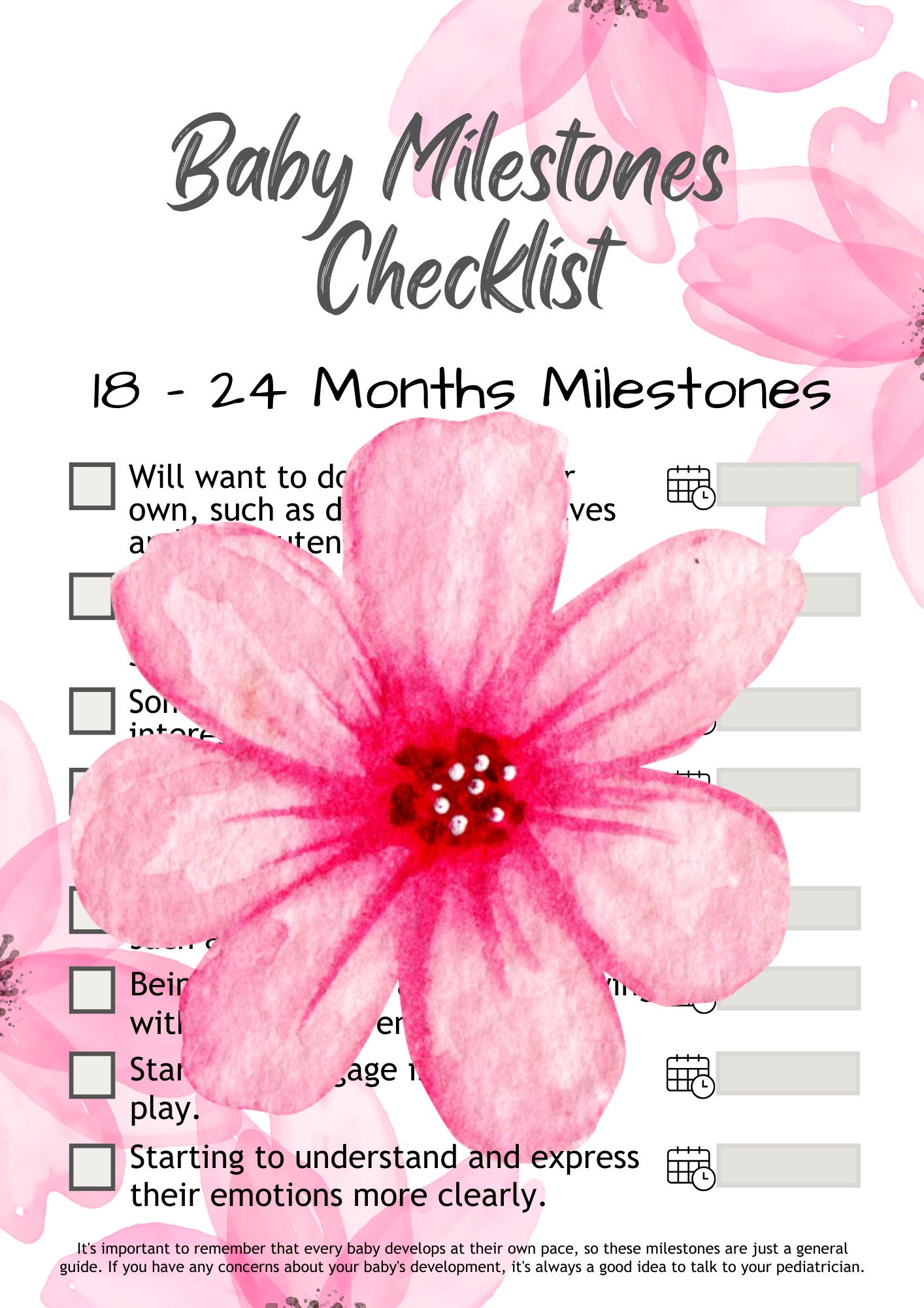 Baby Milestones and Development Checklist - Pink | Digital Download ...