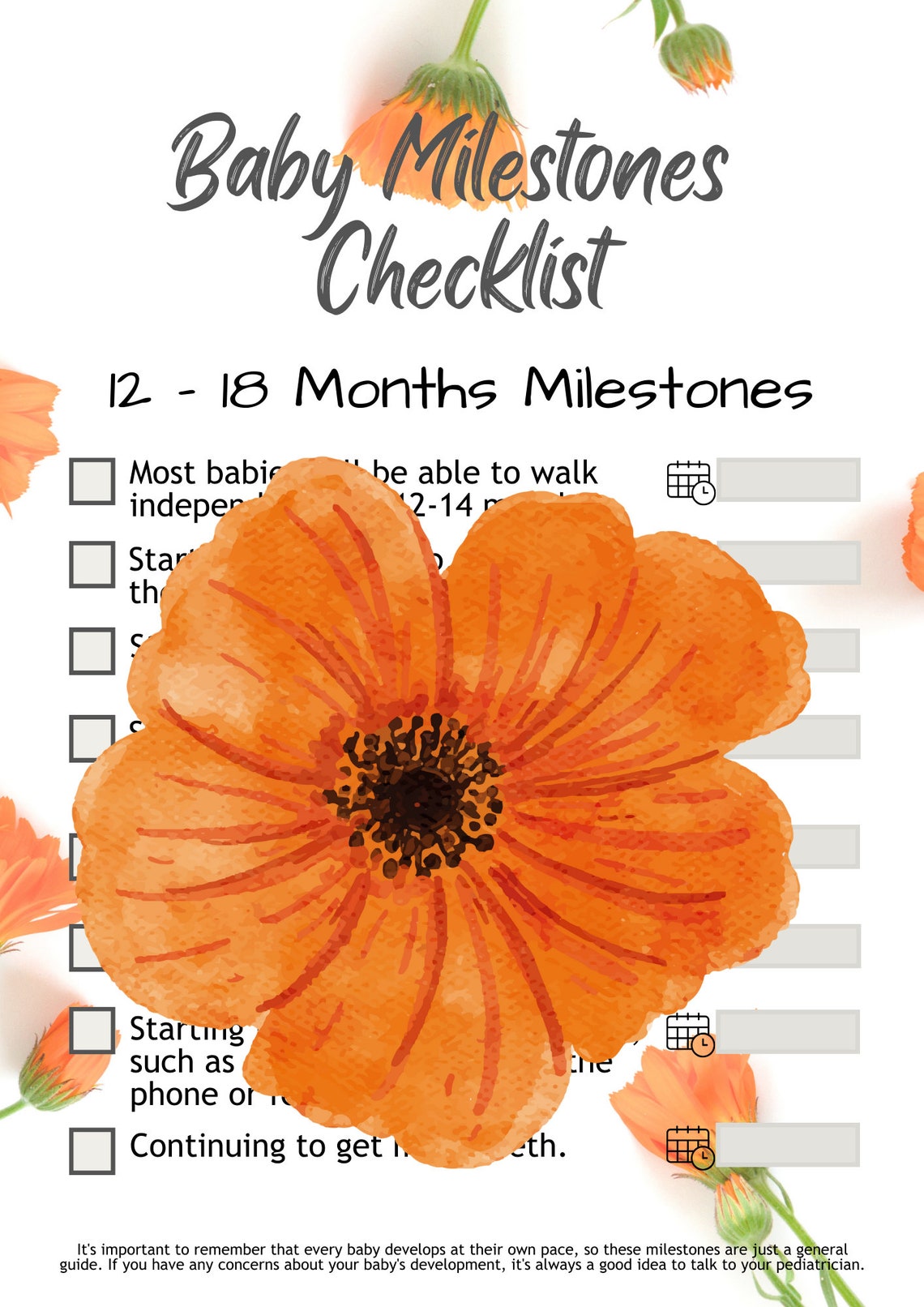 Baby Milestones and Development Checklist - Orange | Digital Download ...