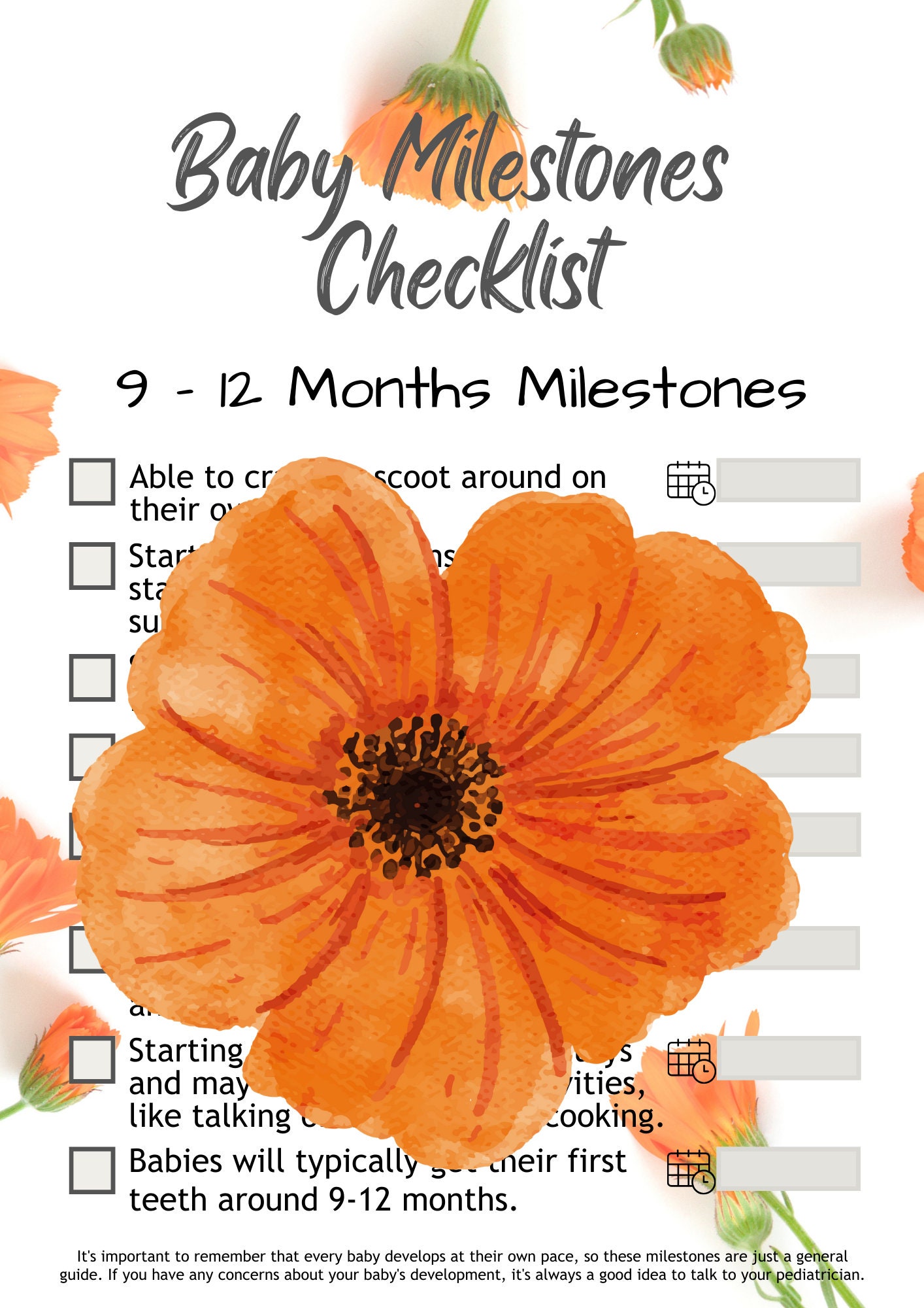 Baby Milestones and Development Checklist - Orange | Digital Download ...
