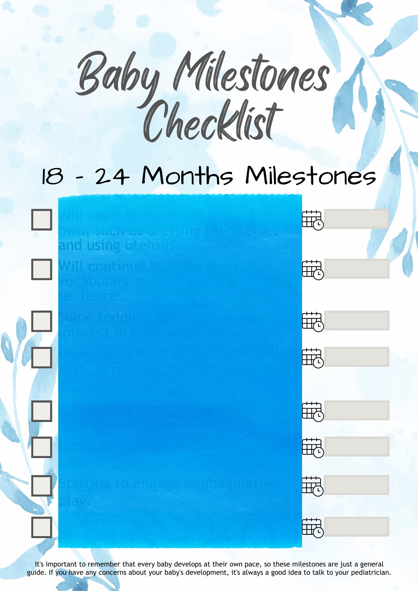 Baby Milestones and Development Checklist - Blue | Digital Download ...