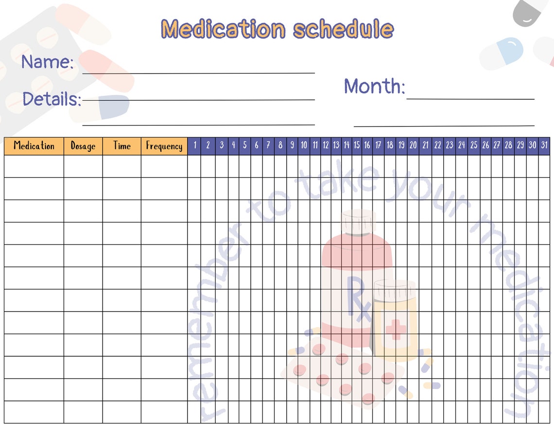 Editable Monthly Medication Schedule for Nursing Student or Carer ...