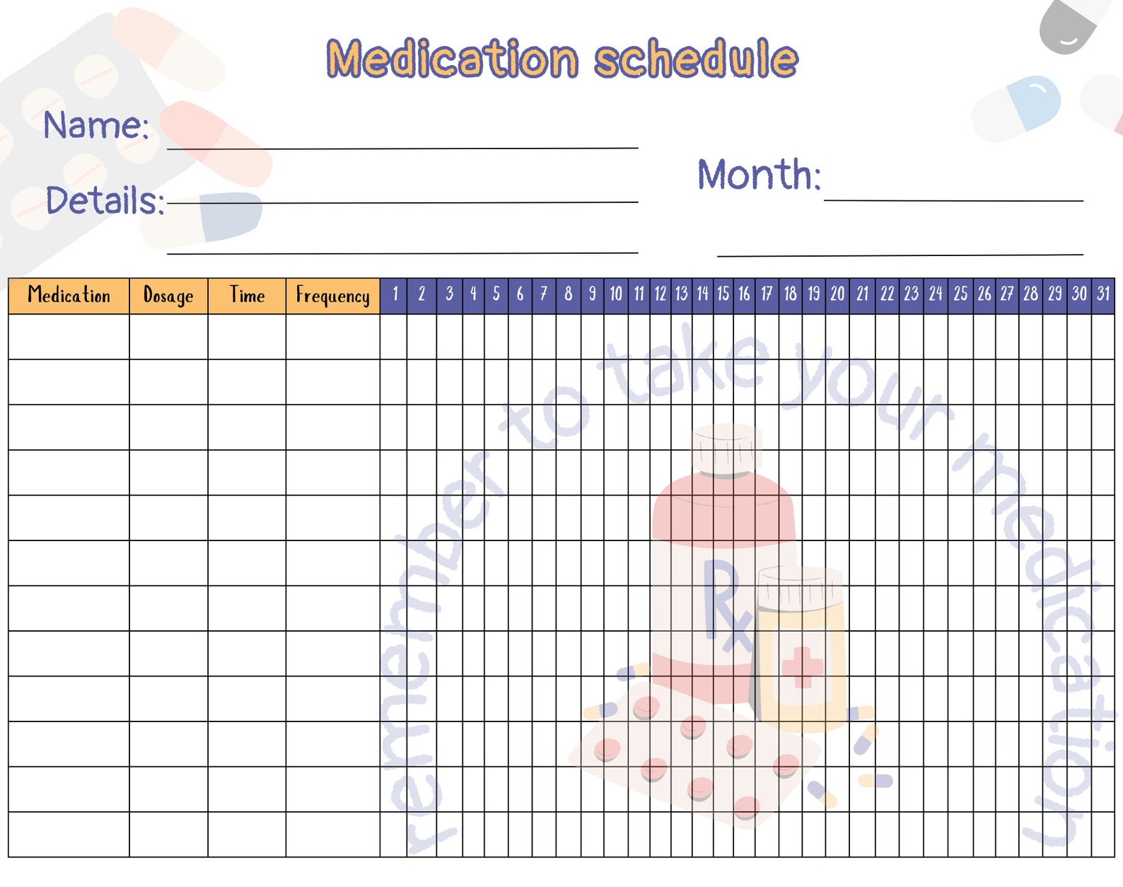 Editable Monthly Medication Schedule for Nursing Student or Carer ...
