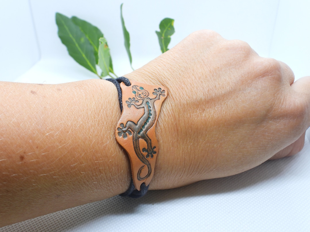 Leather Gecko Bracelet Handpainted Arm Band Unique Gecko - Etsy