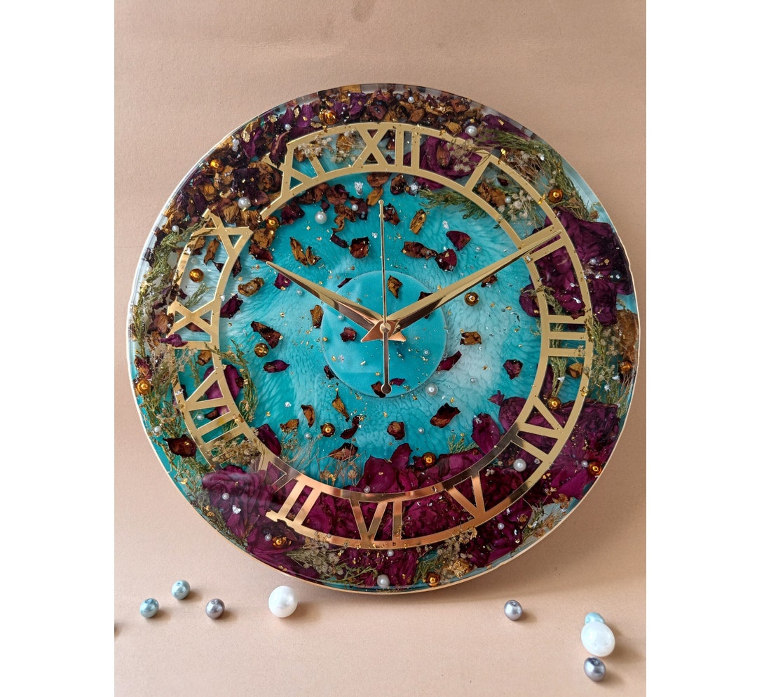Floral Resin Clock/ Blue Resin Clock With Real Red Roses & Petals/ Rose ...