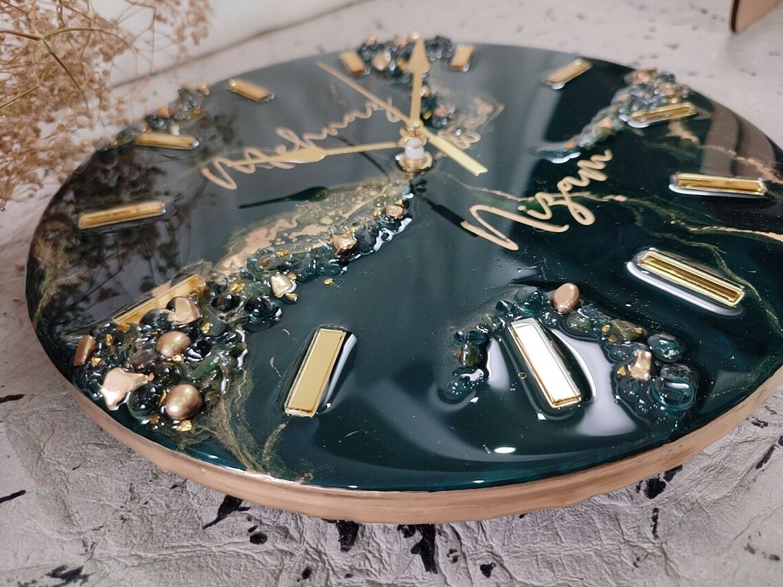 Black Gold Resin Desk Clock With Marble Effect/ Customizable With Name ...