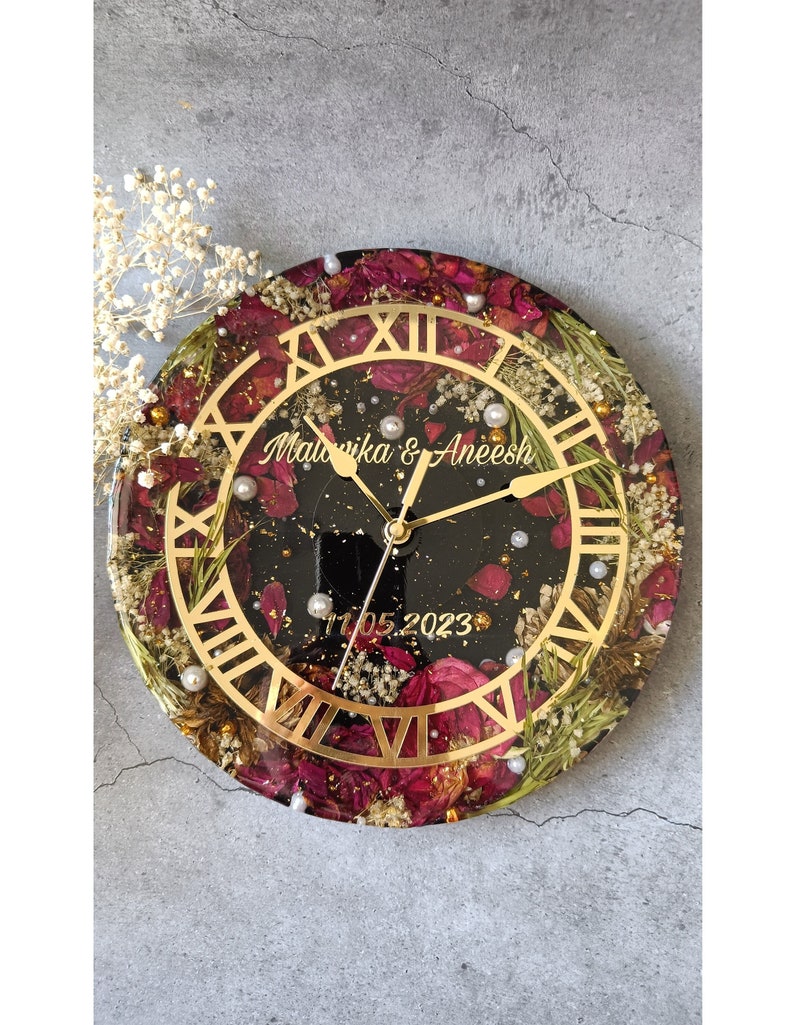 Resin Clock/ Personalized Resin Clock With Real Roses/ Black Wall Clock ...