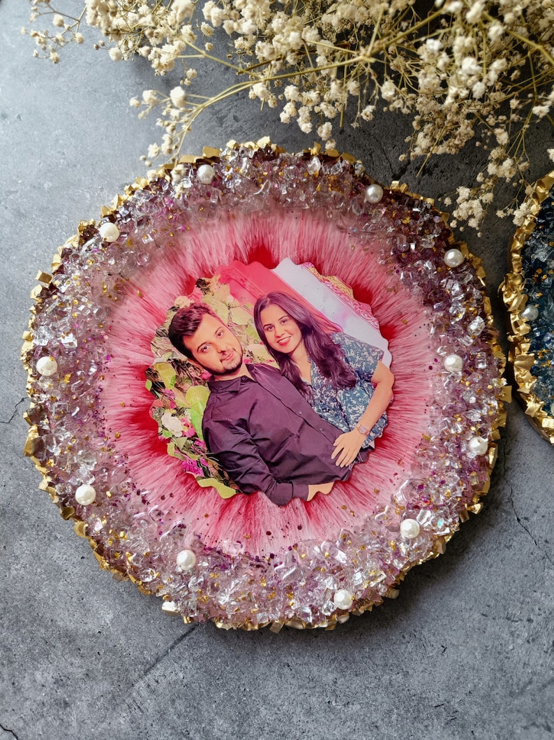 Customizable Crystal Resin Photo Frame, Pearl and Gold Accents, Wedding ...
