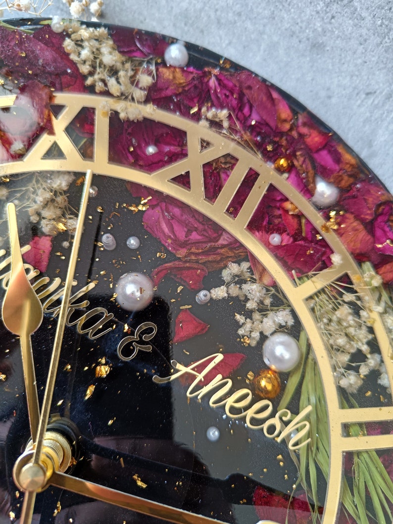 Resin Clock/ Personalized Resin Clock With Real Roses/ Black Wall Clock ...