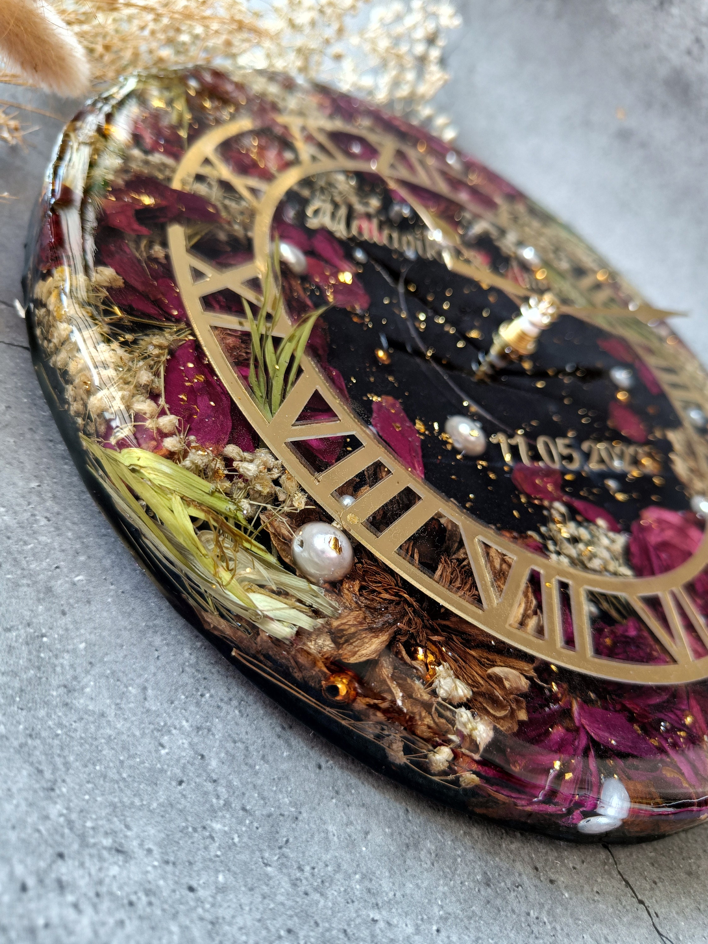 Resin Clock/ Personalized Resin Clock With Real Roses/ Black Wall Clock/ Red Rose Petals/ 10 in ...