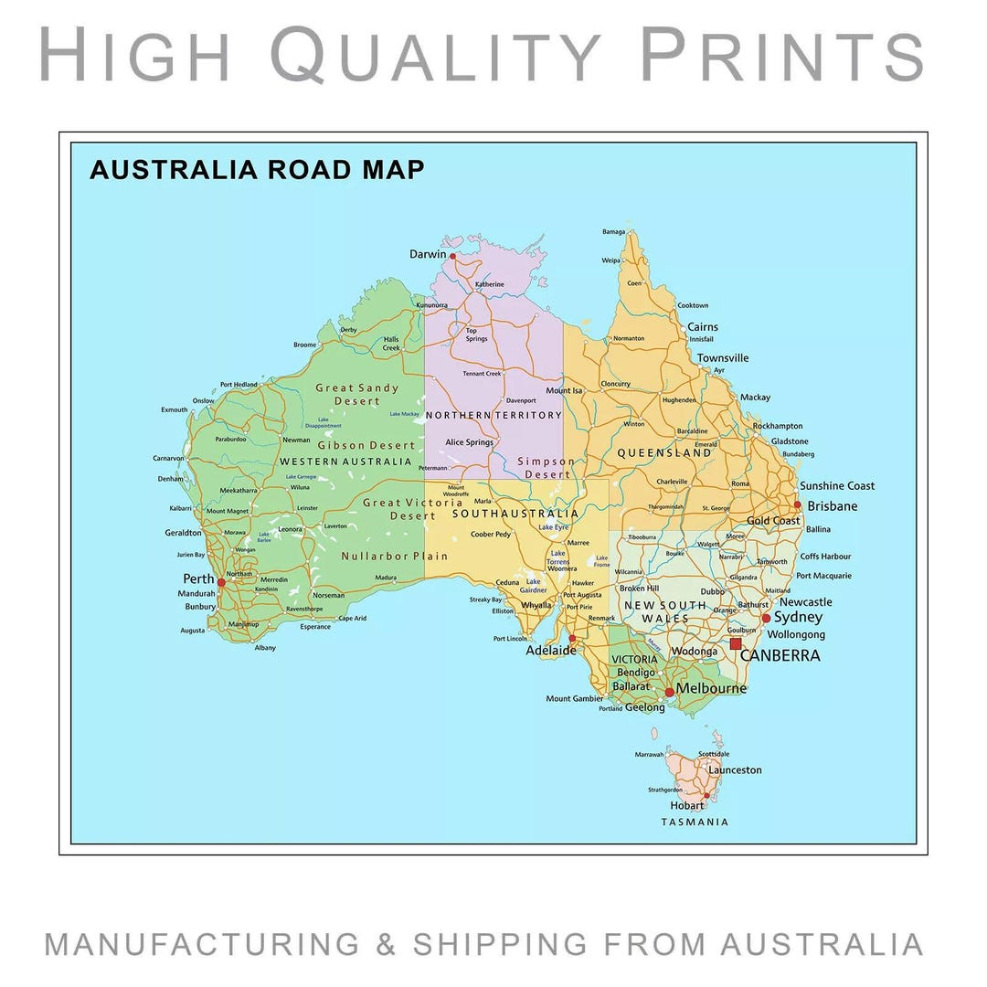 Australia Road Map Detailed Poster A4/A3/A2 & 90x60 Cm Sizes - Etsy