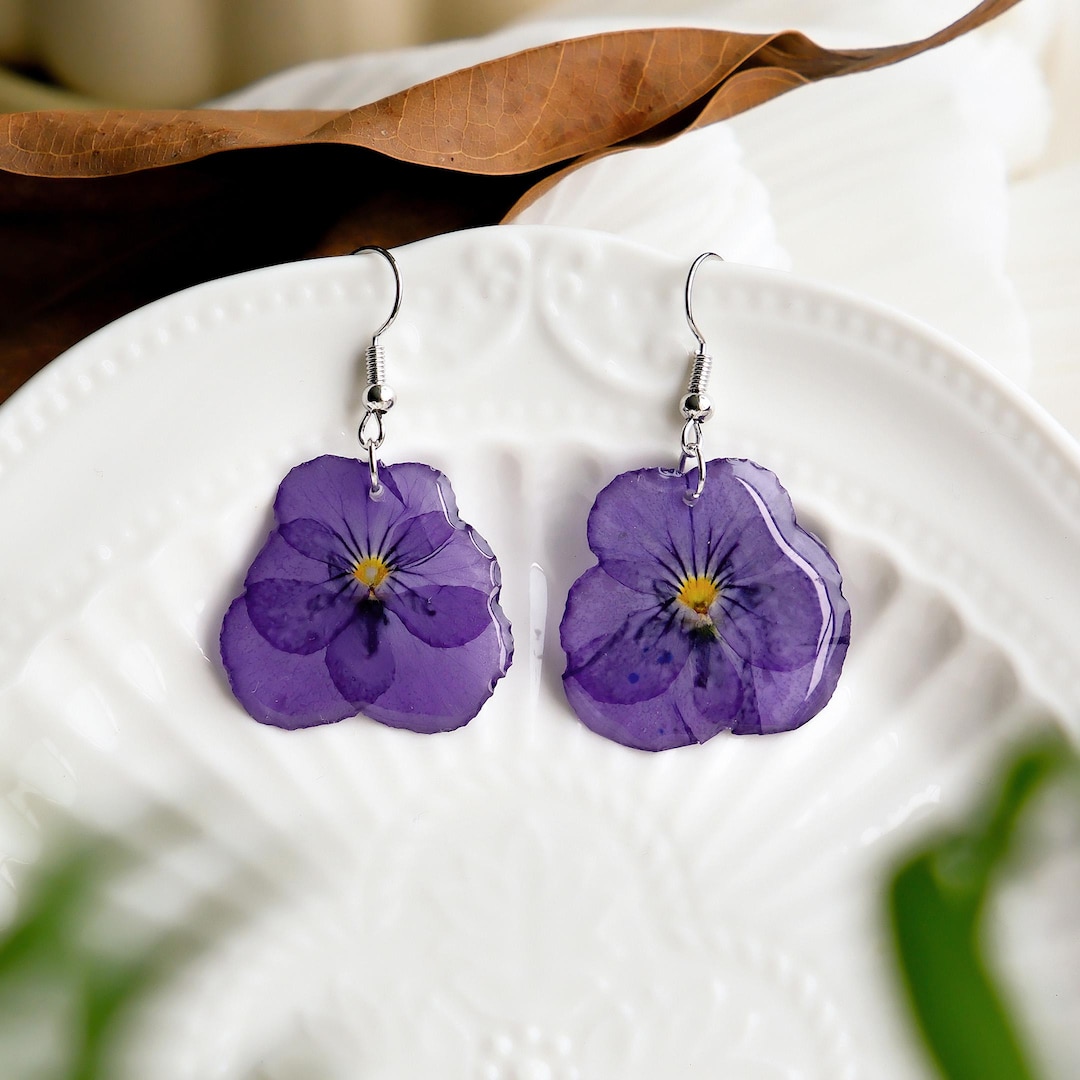 Real Viola Flower Resin Earrings: Hand-pressed Flower Drop Jewelry ...