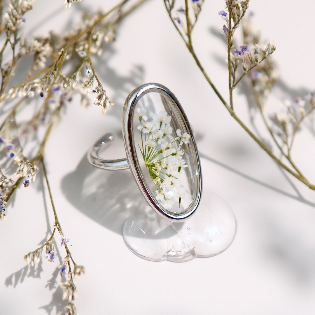 White Dried Flower Handmade Rings, Dried Flower Resin Rings, Natural ...