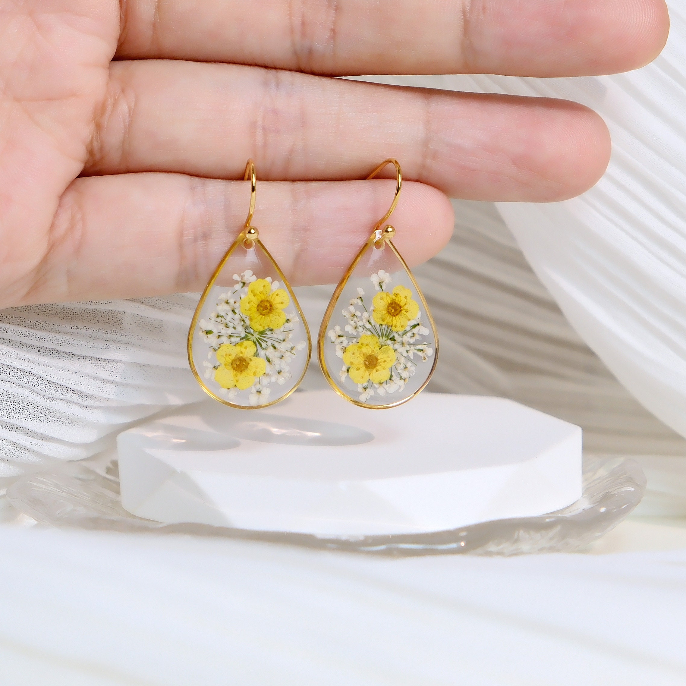 Yellow Daffodil Flower Resin Earrings: Handmade Dried Flower Drop ...