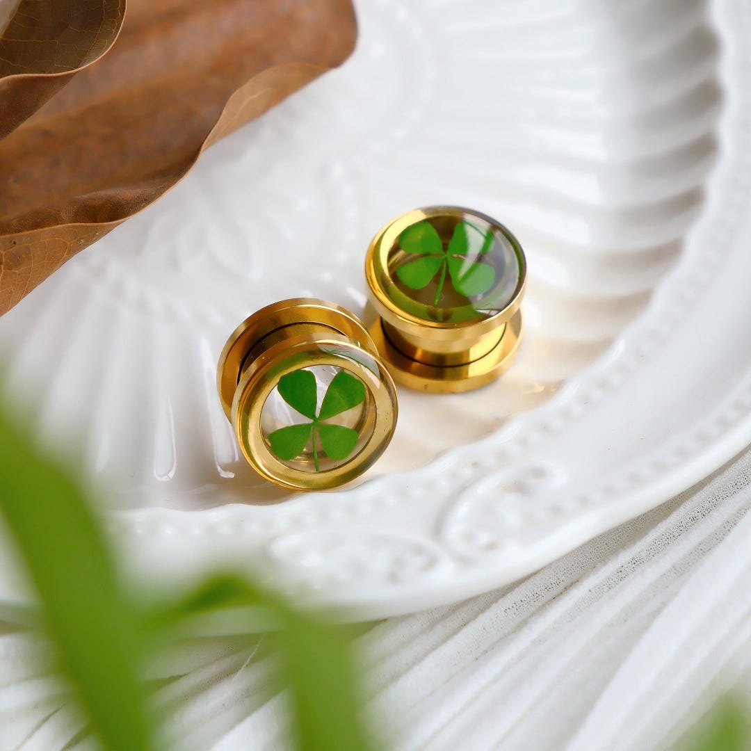 Four Leaf Clover Resin Ear Plugs: Handmade Botanical Body Jewelry Gifts ...
