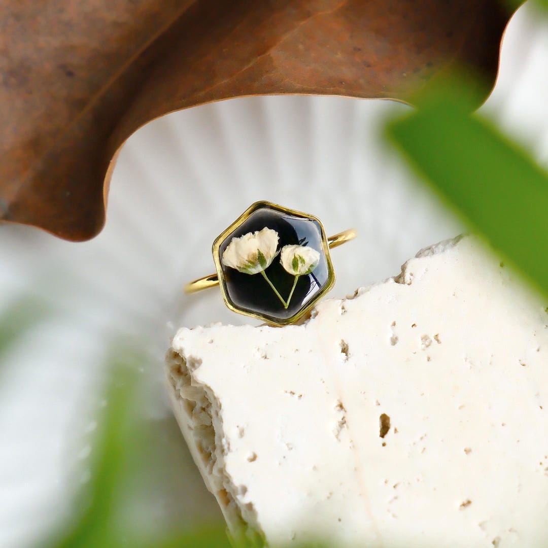White Baby's Breath Flower Resin Ring Adjustable: Handmade Dried Flower ...