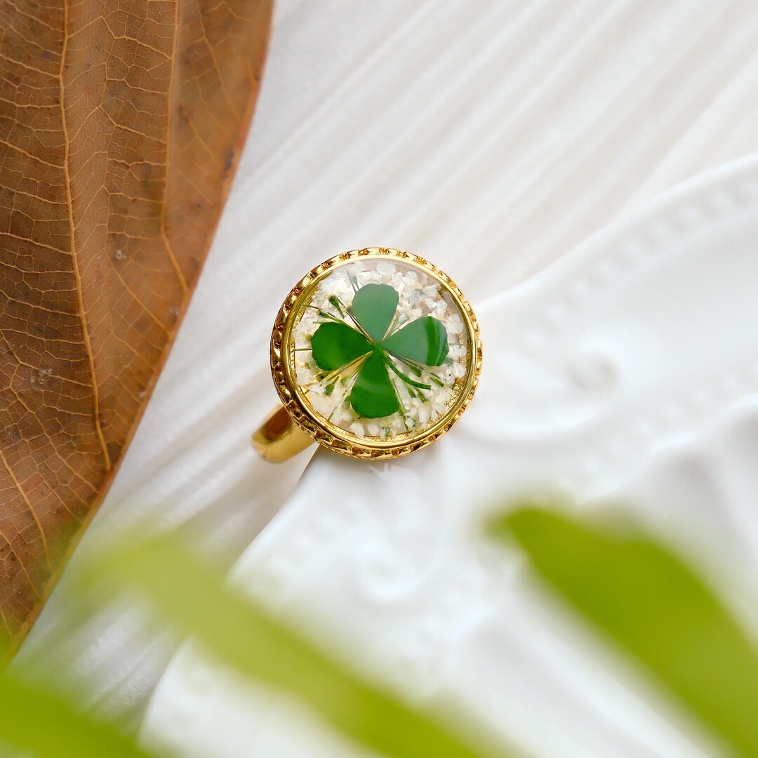 Lucky Four Leaf Clover Rings Adjustable: Handmade Botanical Rings ...