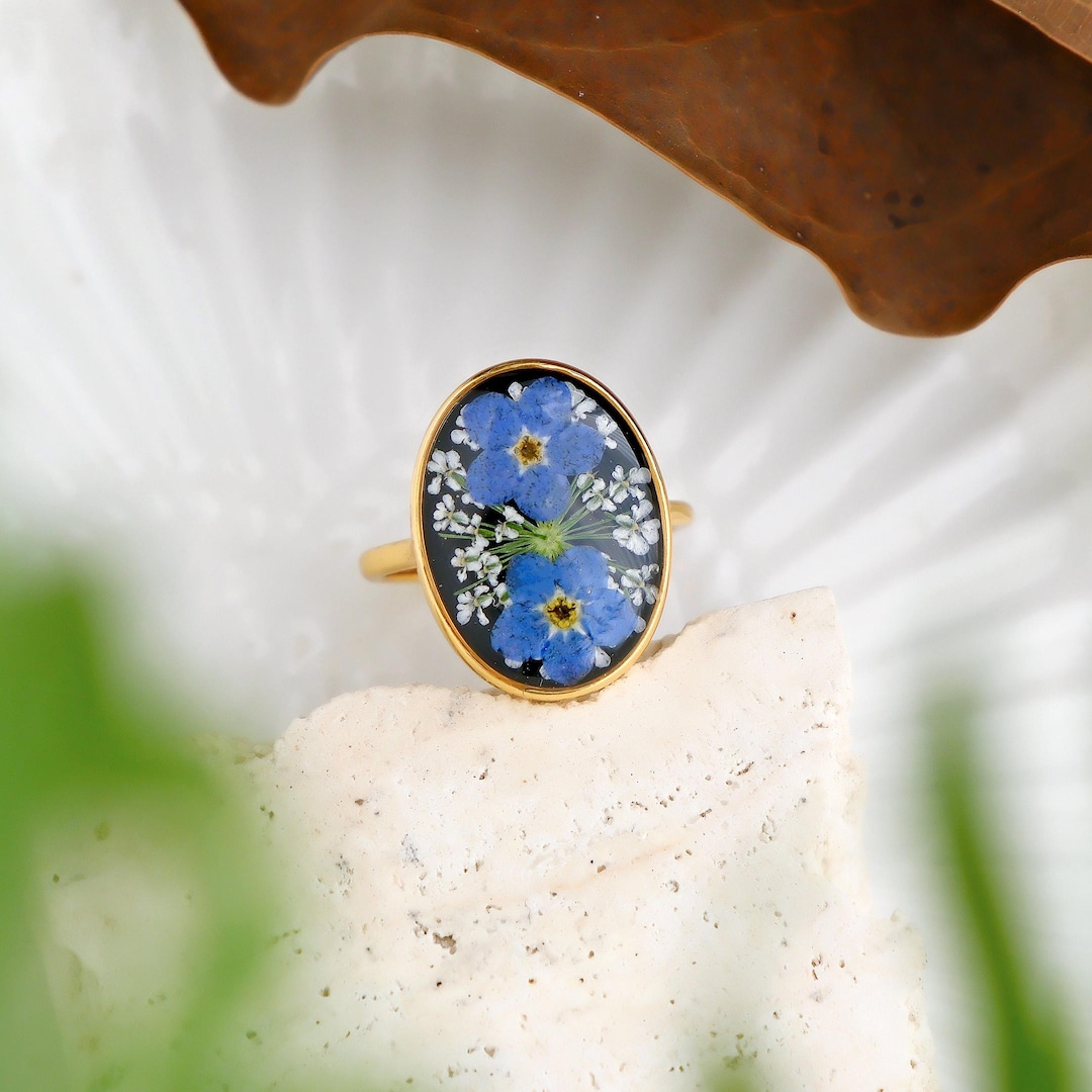 Real Forget-me-not Flower Resin Ring: Adjustable Hand-pressed Flower ...