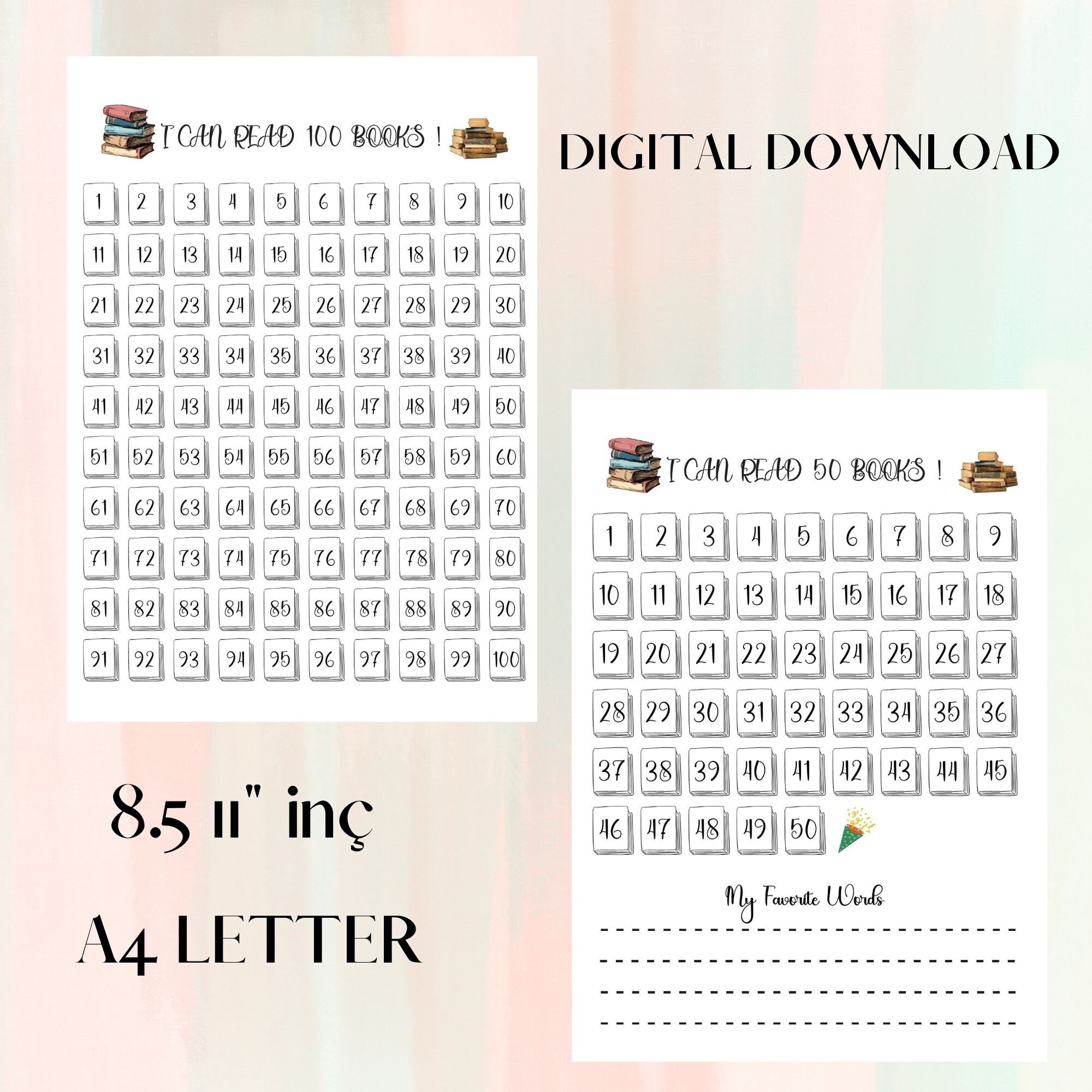 Printable Reading Chart Kids Reading Log Tracker 50 100 - Etsy