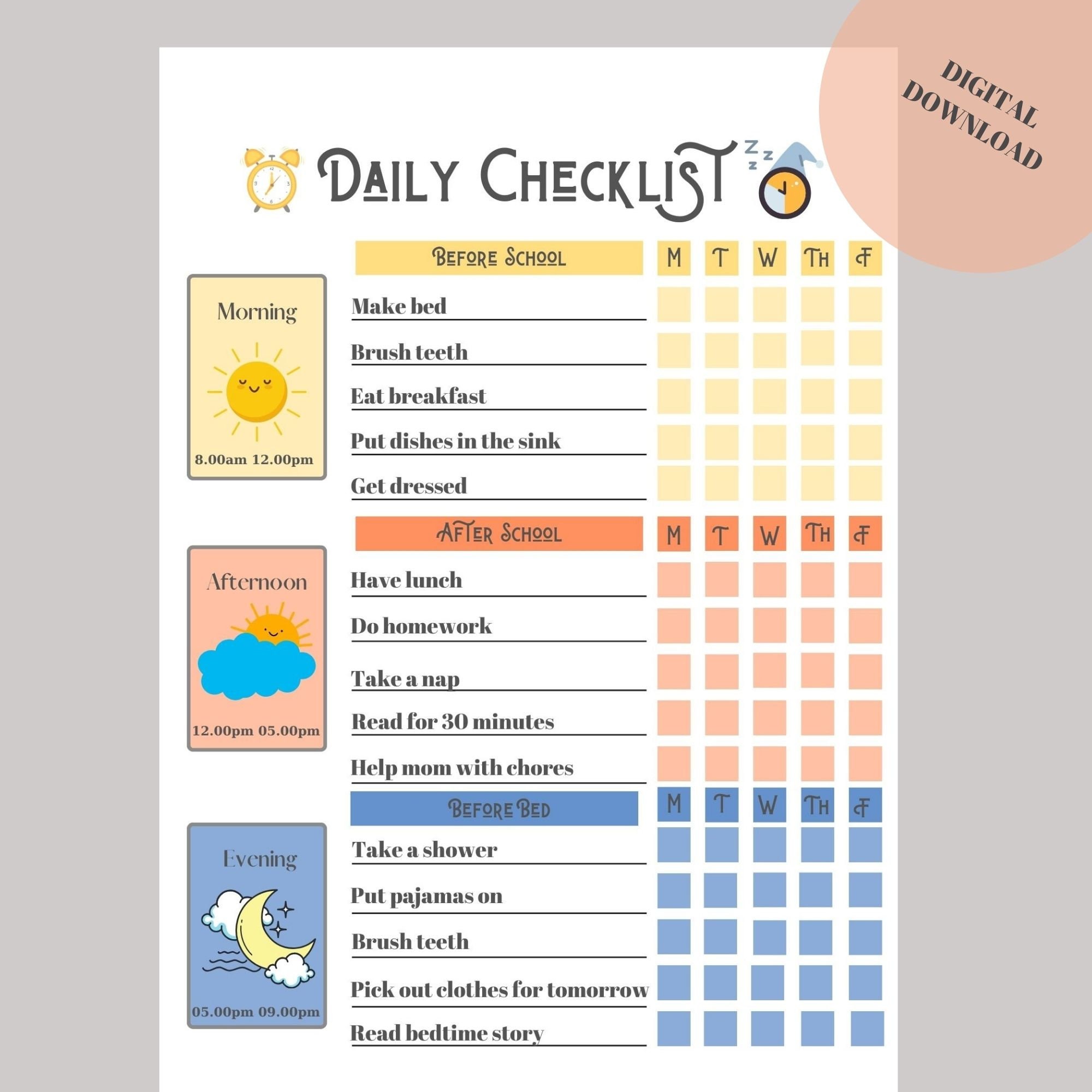 Kids Daily School Checklist Schedule Printable, Editable Chore Chart ...