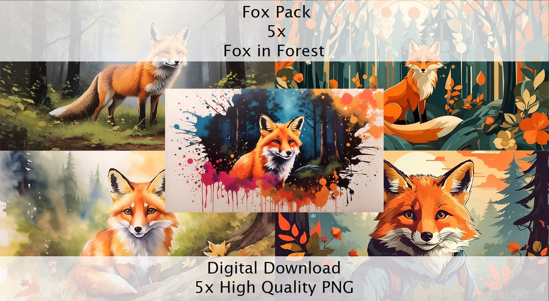 Fox Forest Pack 5 Digital Art PNG 400 Wall Art Decor Gift Watercolor ...