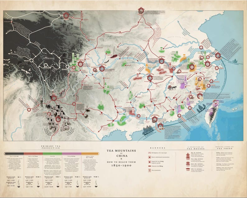 Map of Chinese Tea Mountains and Historical Trade Routes 500x400 Mm - Etsy