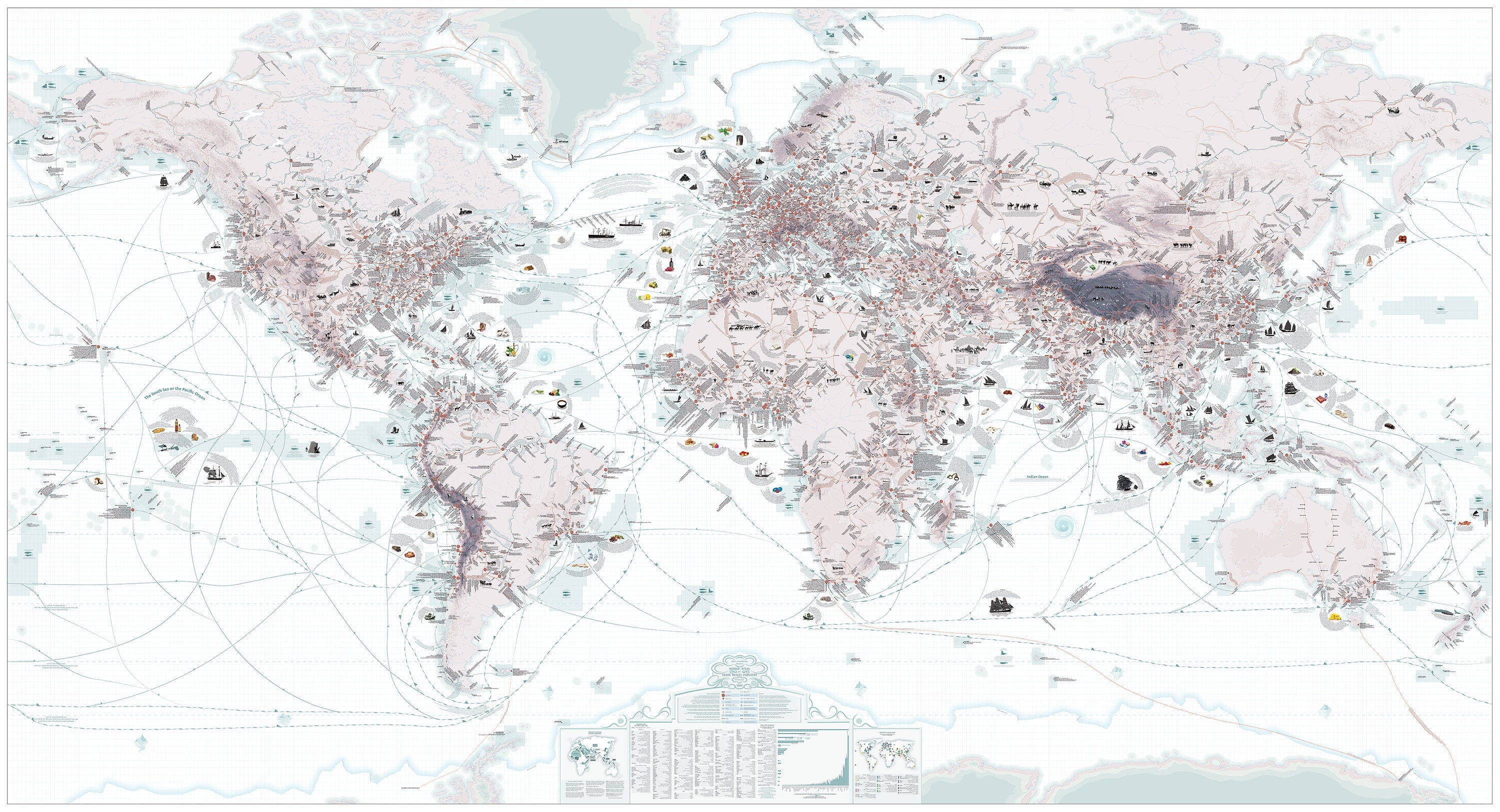World Map of Trade and Travel in the 19th Century, Detailed Historical ...