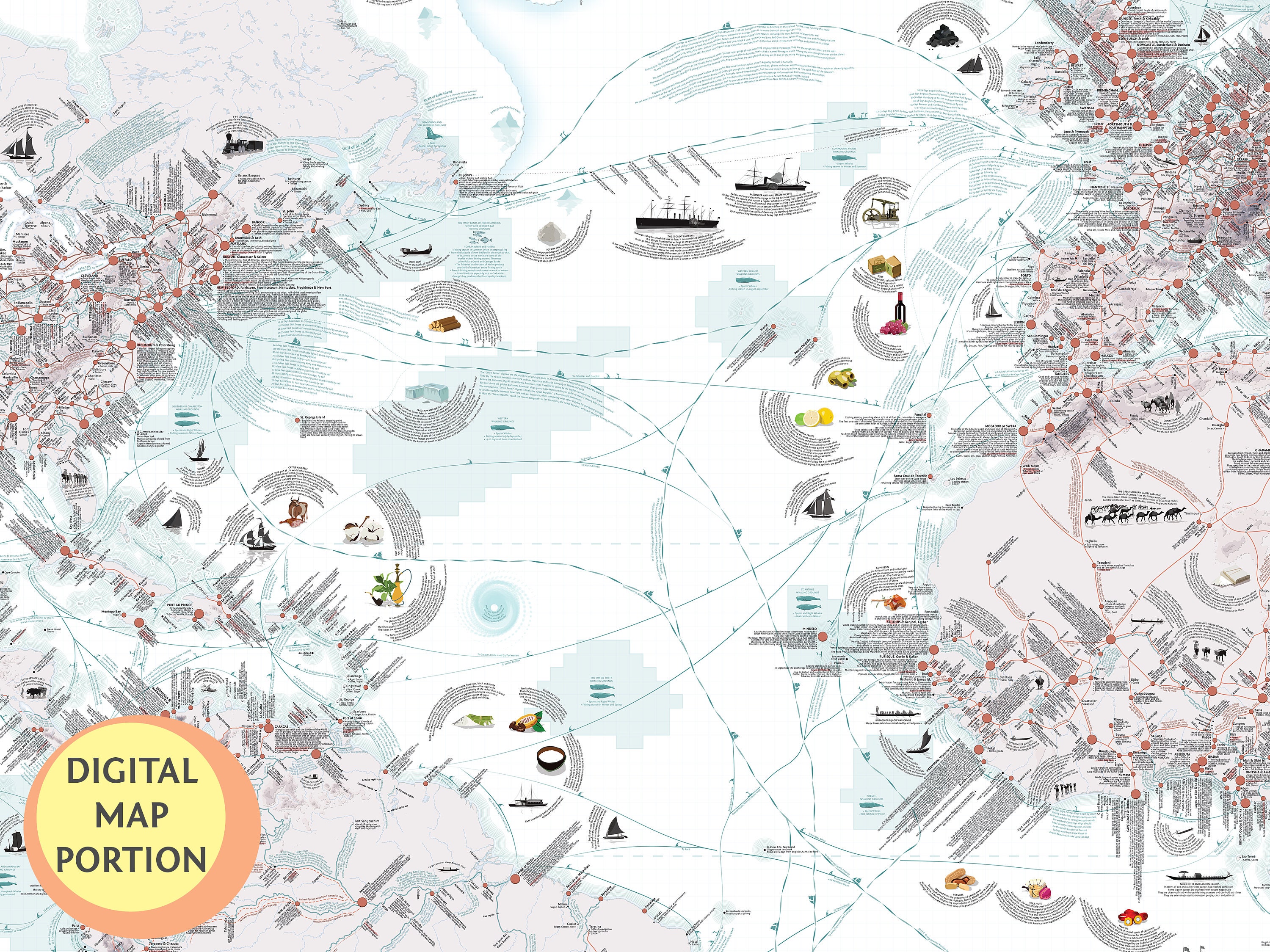 World Map of Trade and Travel in the 19th Century, Detailed Historical ...