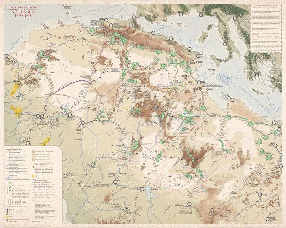 TRANS-SAHARA: Antique Style Map of Routes, Travel Times and Water ...